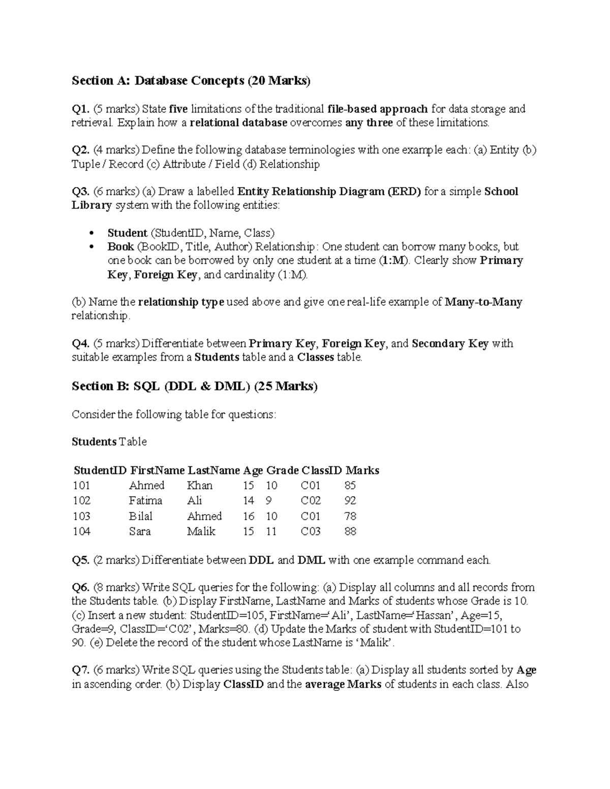 Database Concepts & SQL Practice Questions (CS101) - Studocu