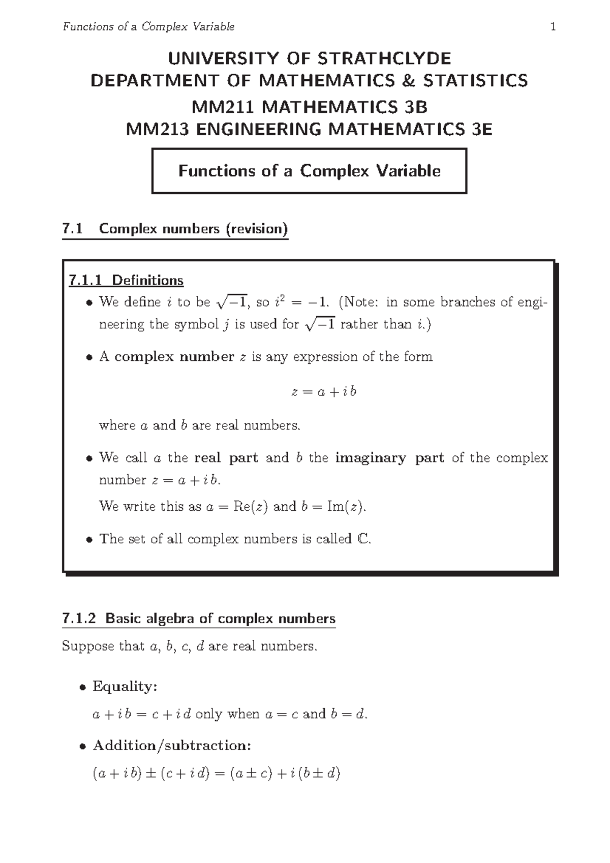 Engineering Mathematics MM213: Functions of a Complex Variable - Studocu