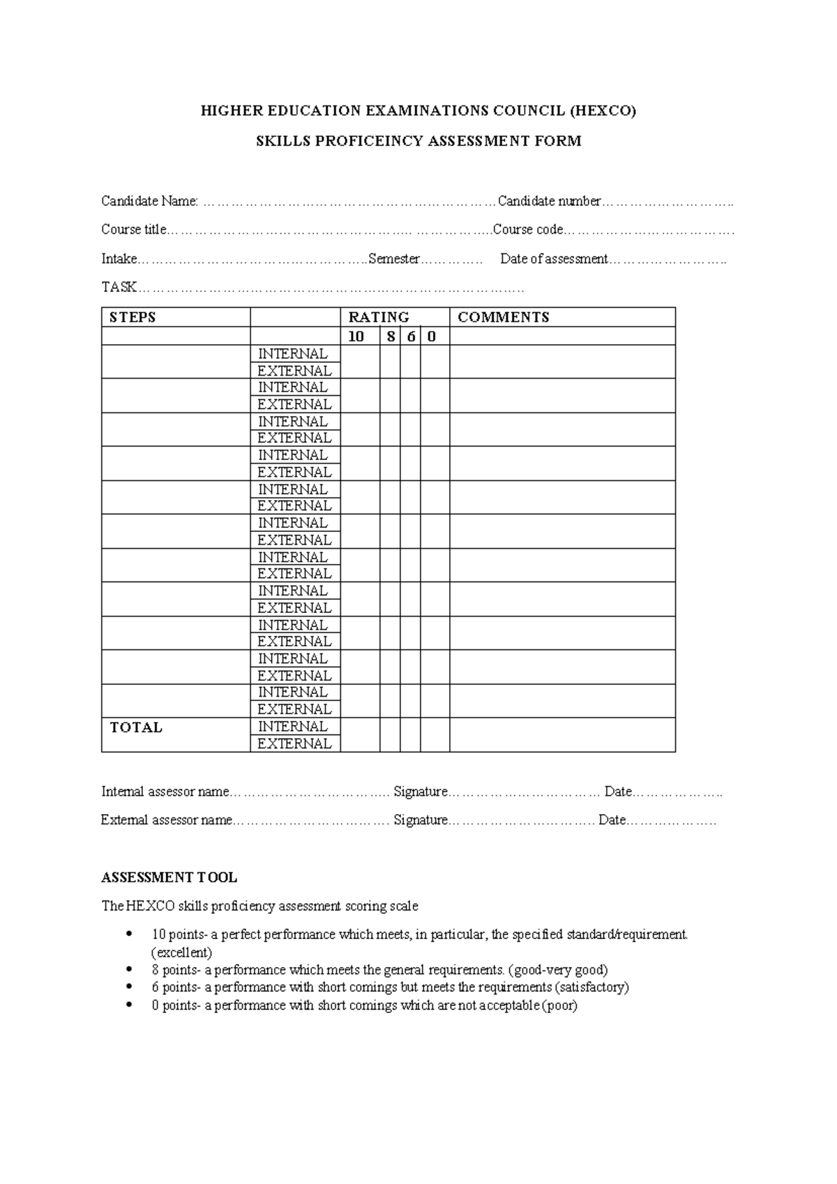 HEXCO Skills Proficiency Assessment Form: Candidate Evaluation Notes ...