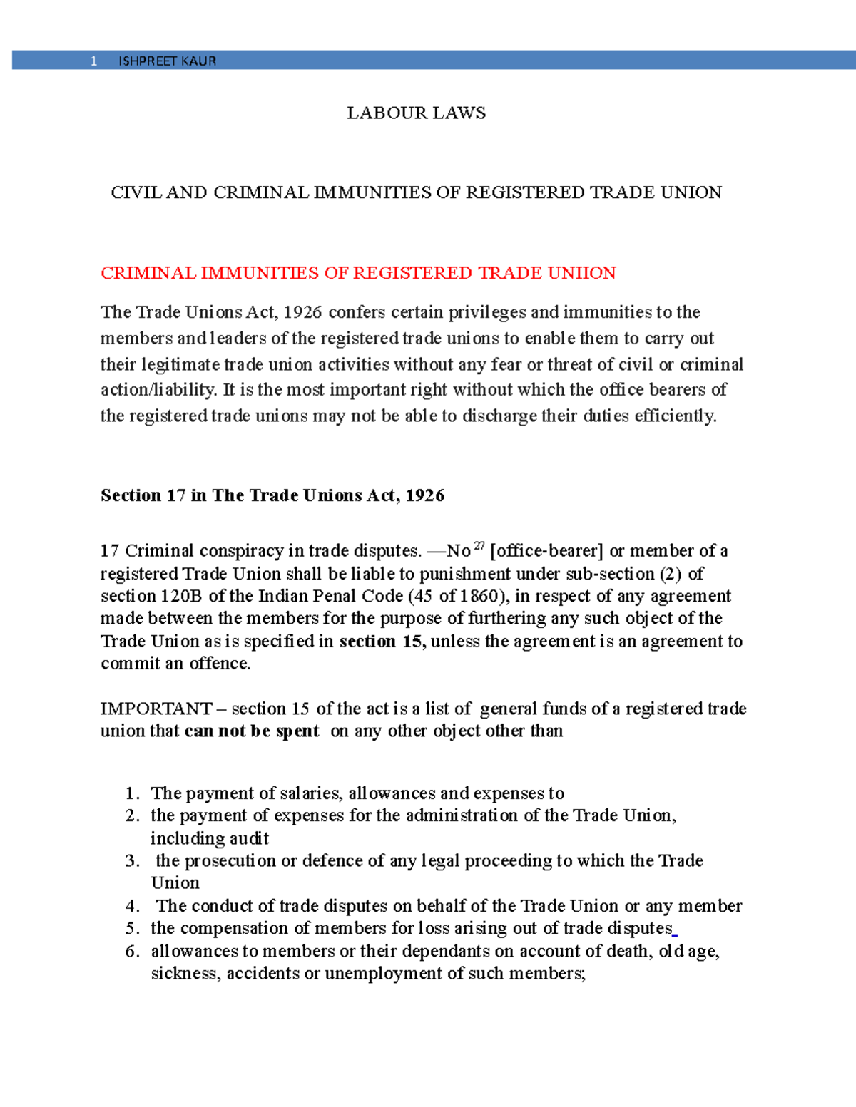 Civil and Criminal Immunities of Registered Trade Unions (LAB 201 ...