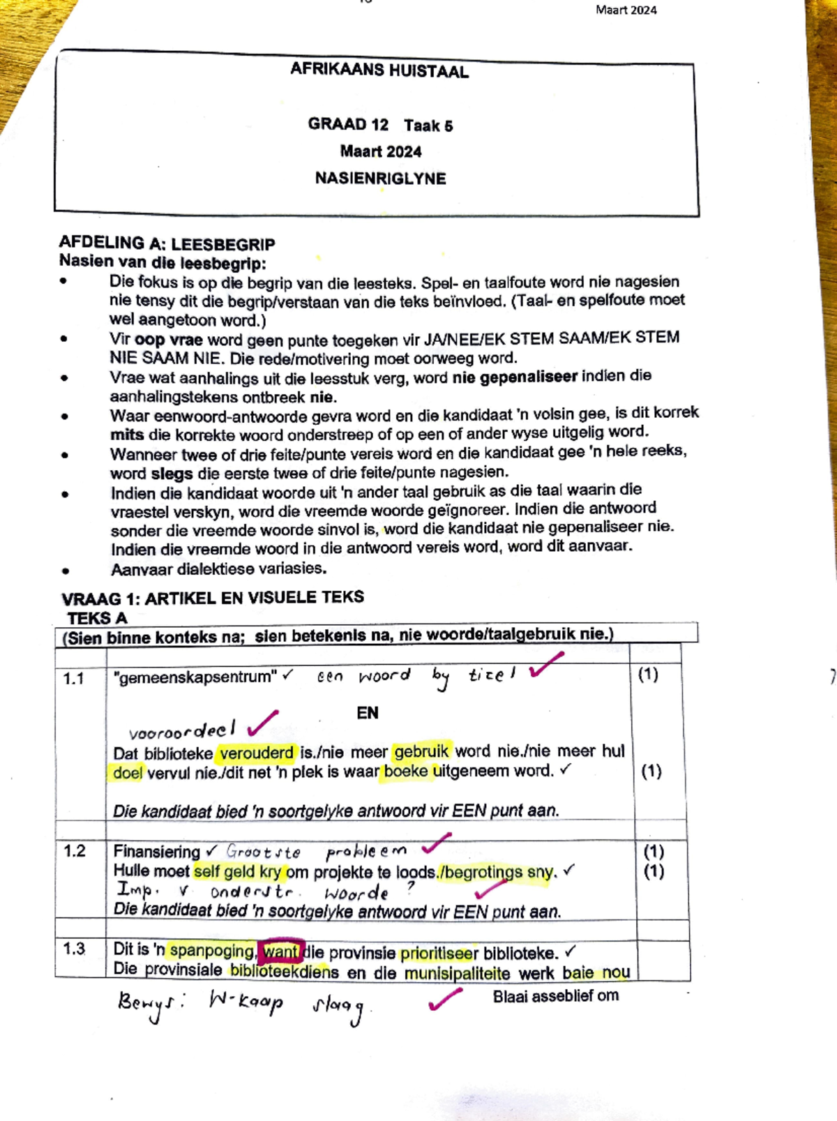 GRAAD 12 Afrikaans Huistaal - Maart 2024 Memo en Nasienriglyne - Studocu