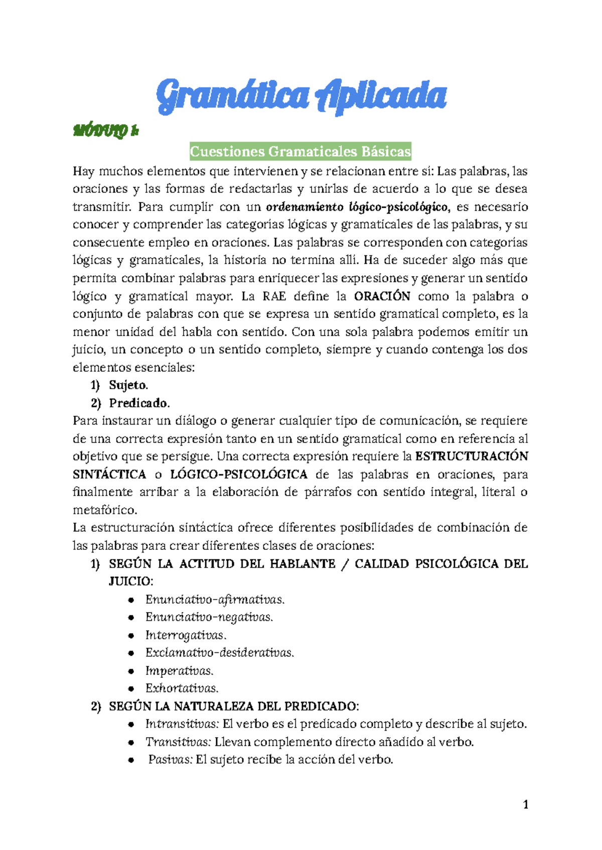 MÓDULO 1: Resumen de Gramática Aplicada y Estructuración Sintáctica - Studocu