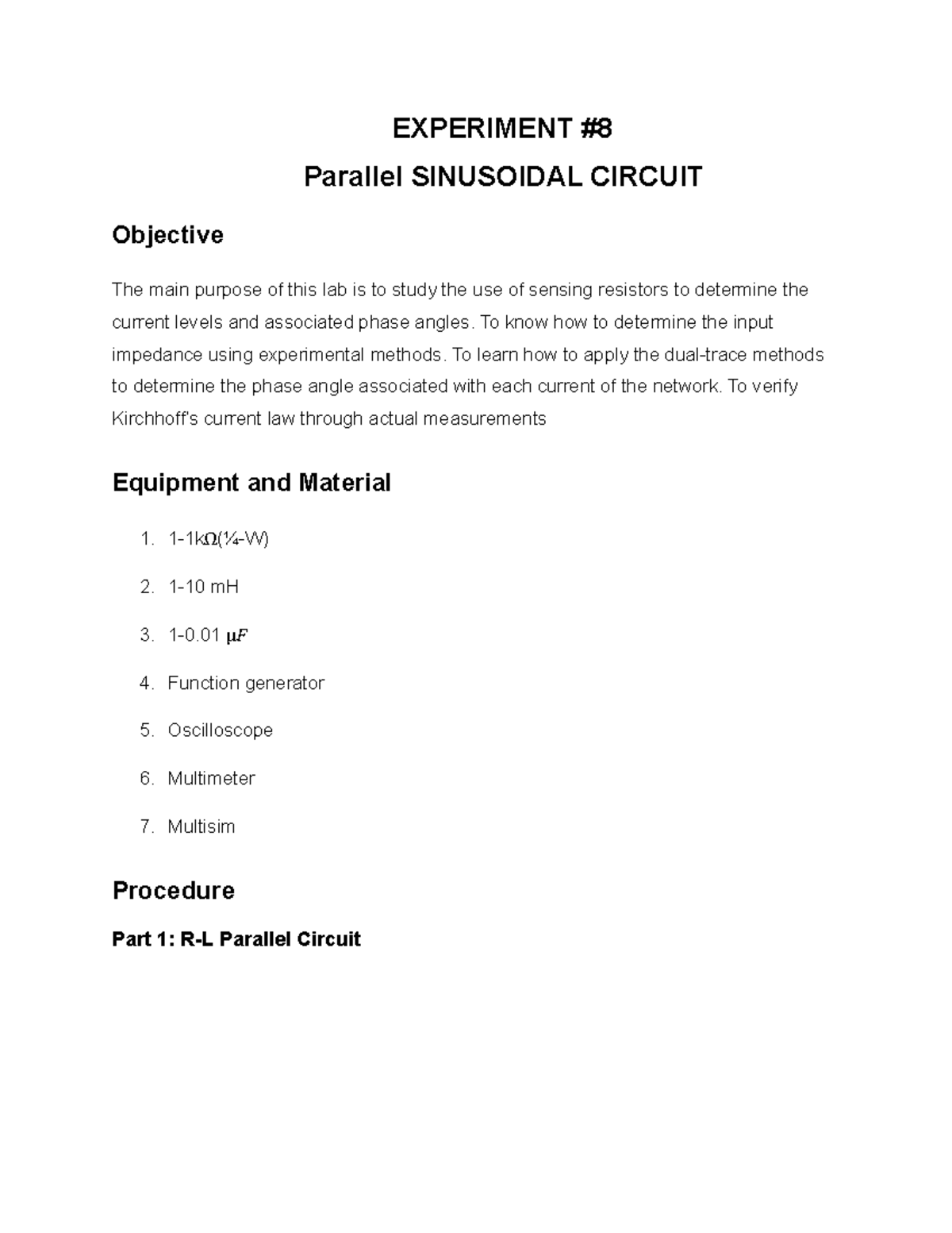CET 3525 Lab 08: Analysis of Parallel Sinusoidal Circuit Measurements - Studocu
