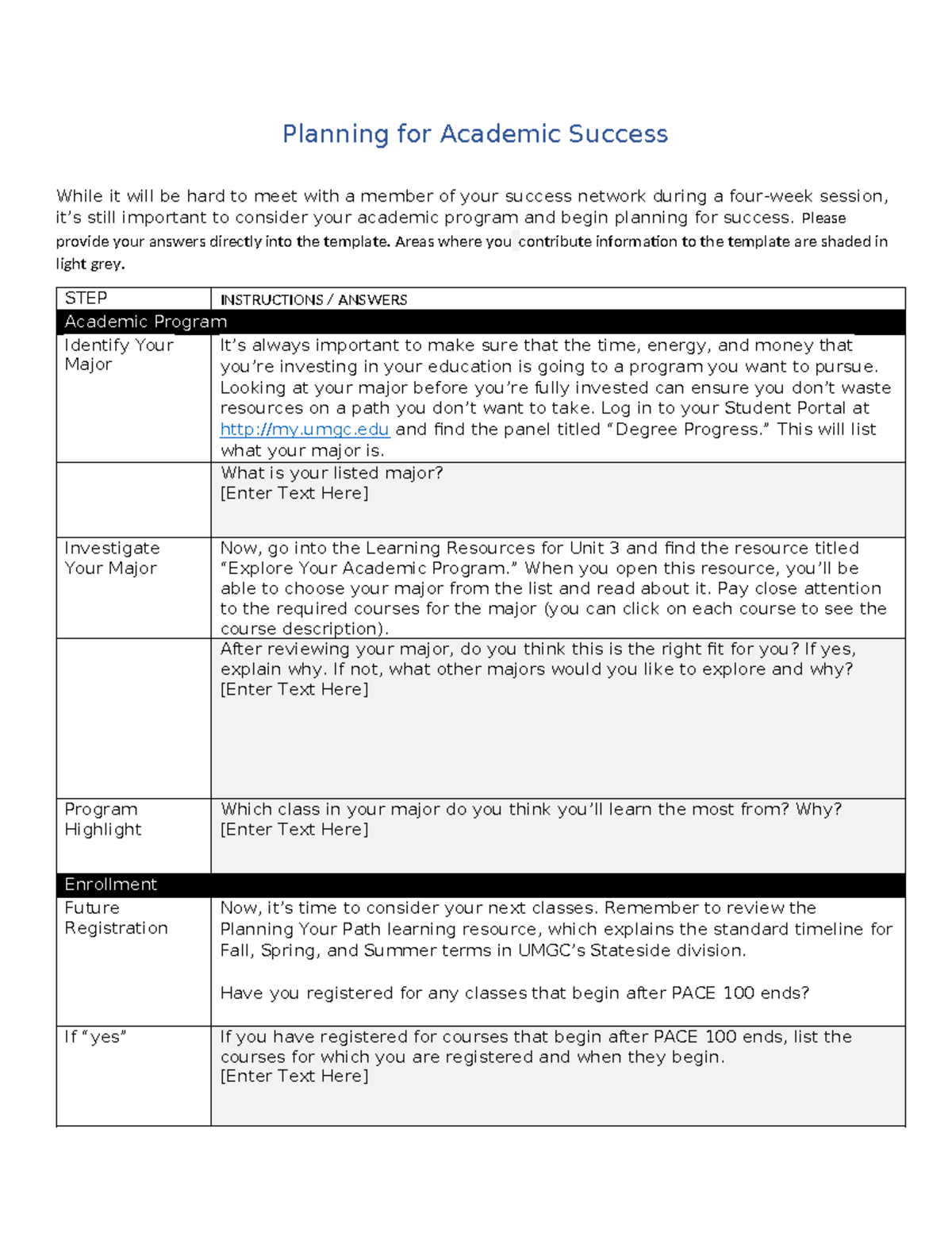 PACE 100 Unit 3: Planning for Academic Success Assignment - Studocu