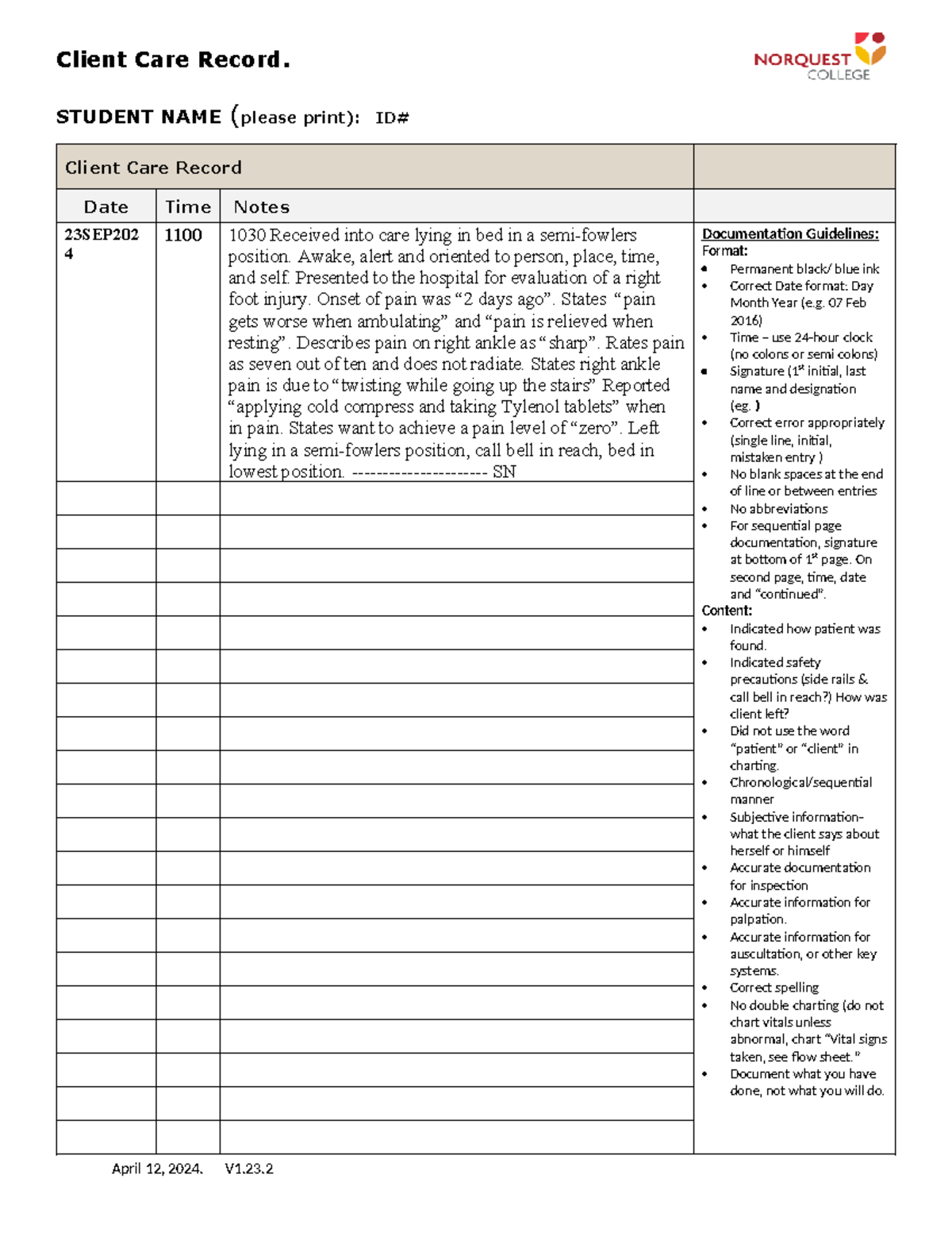 Client Care Record of Pain - Client Care Record. STUDENT NAME (please ...
