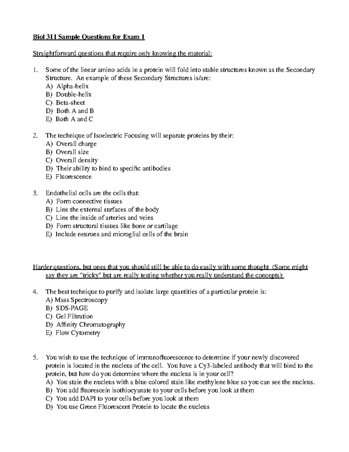Biol 311 Exam 1 Sample Questions: Protein Structures & Techniques - Studocu