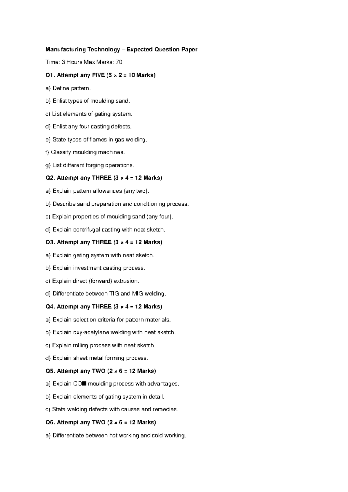 Manufacturing Technology Expected Question Paper (MT101) - Studocu