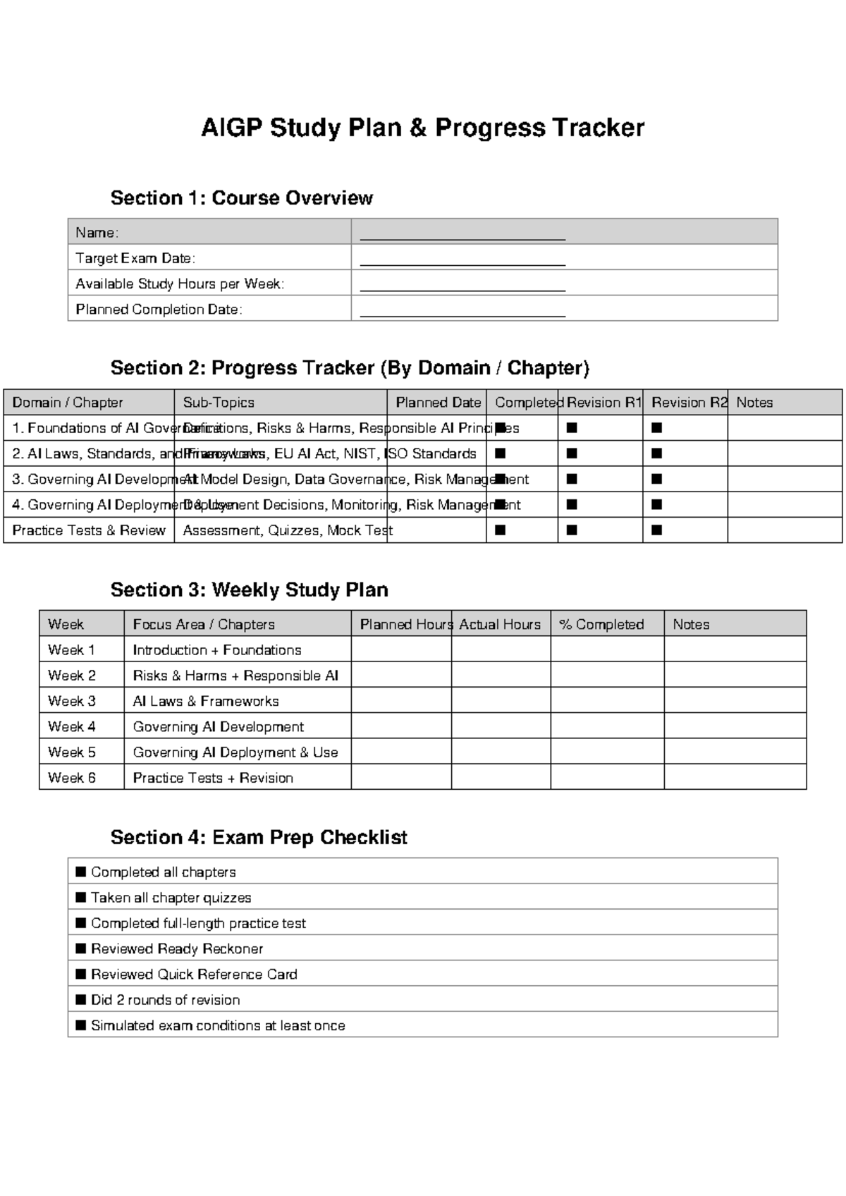 AIGP Study Progress Tracker: Exam Prep & Weekly Plan - Studocu