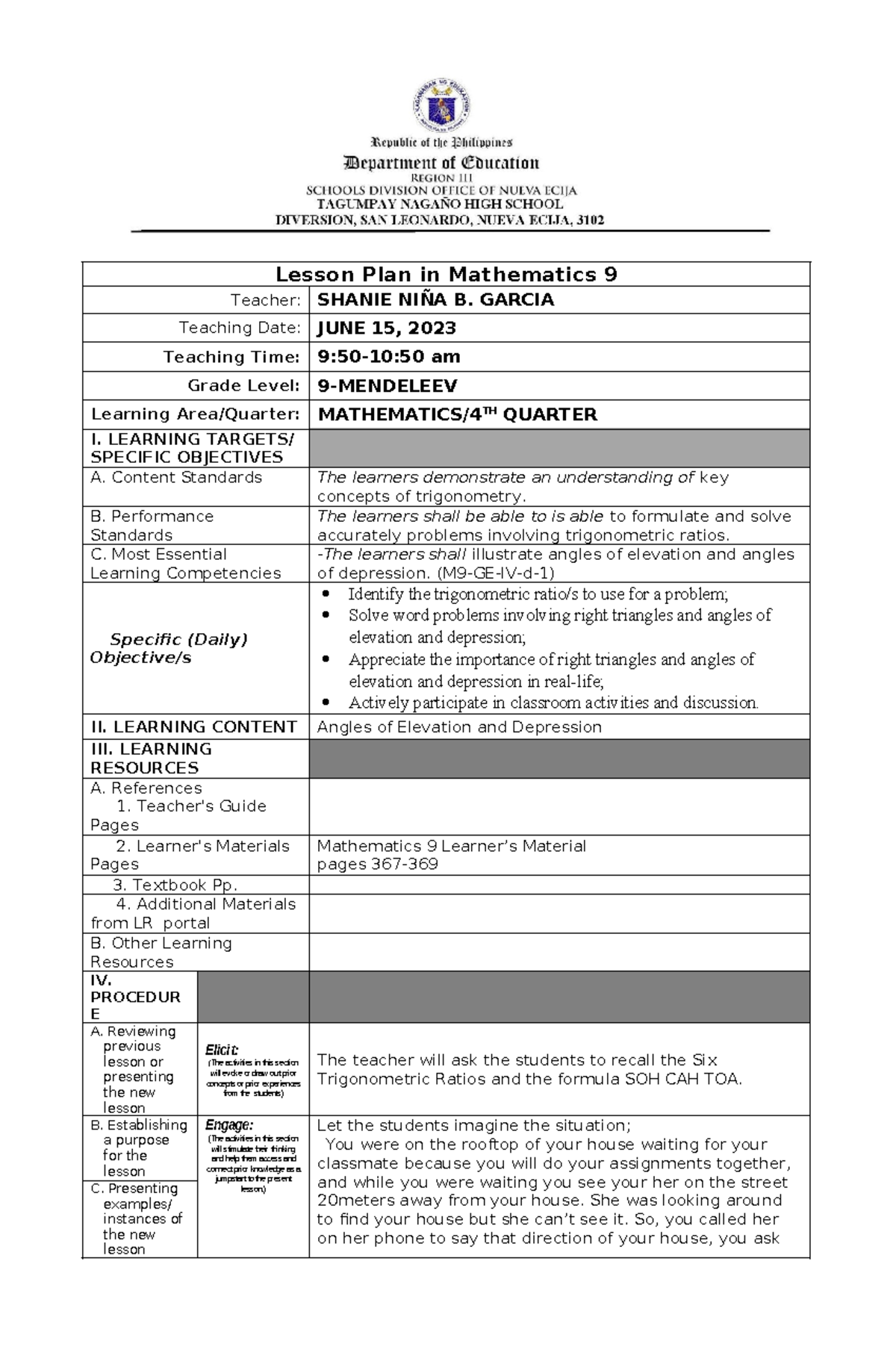 COT - LP - Math 9: Angles of Elevation and Depression Lesson Plan - Studocu