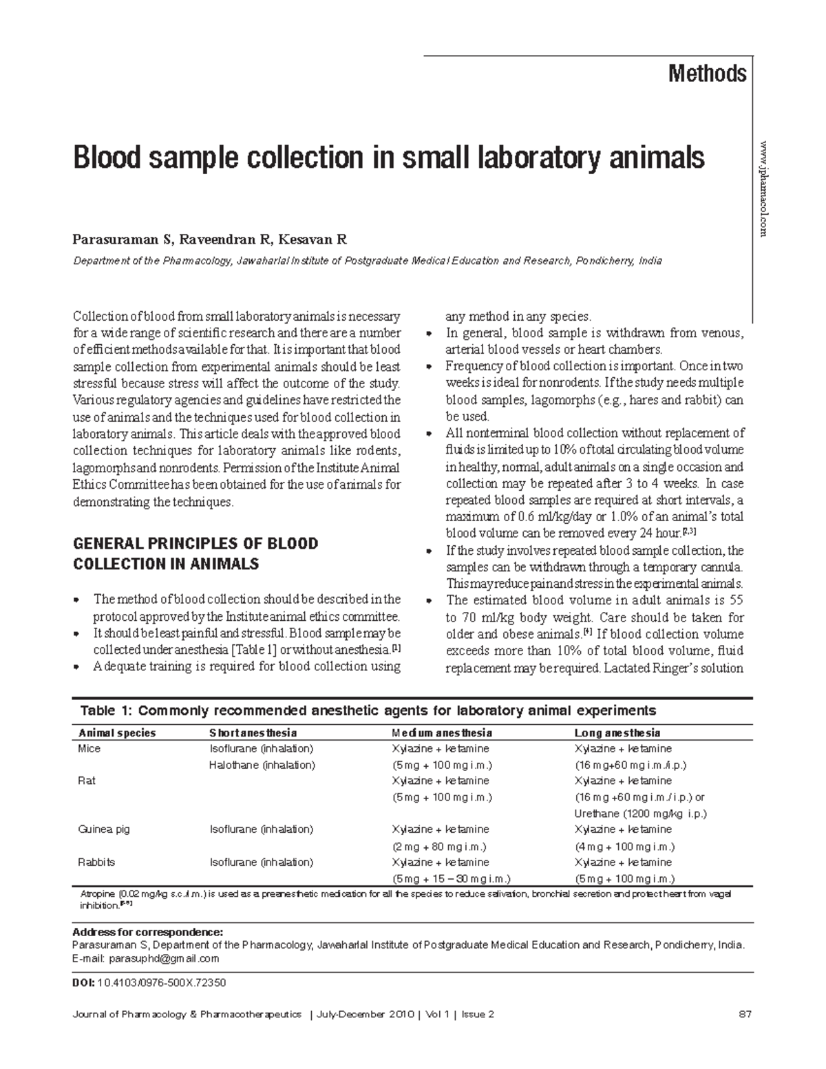 Methods of Blood Collection in Small Laboratory Animals (MLA 101) - Studocu