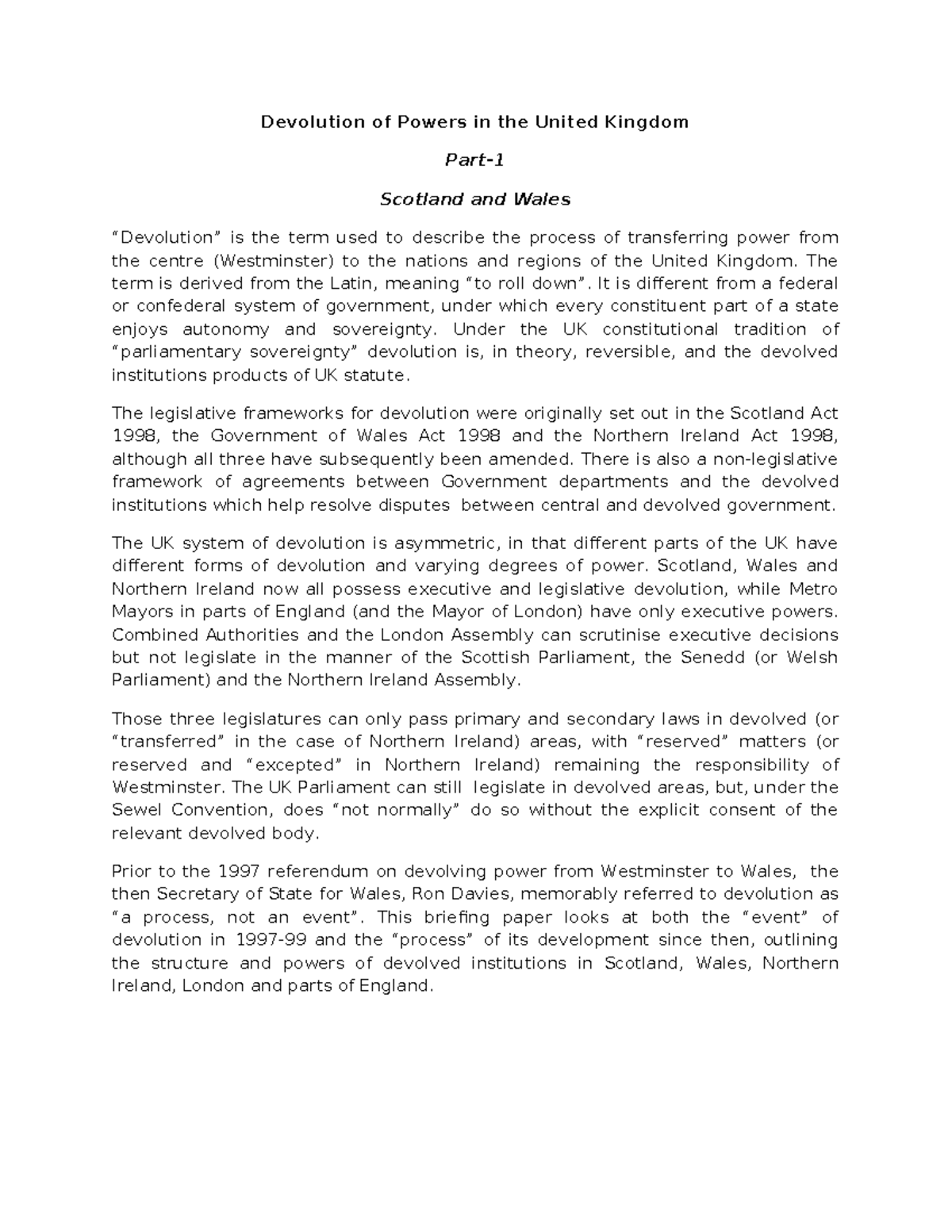 Devolution of Powers in the UK: Focus on Scotland & Wales (Part 1 ...