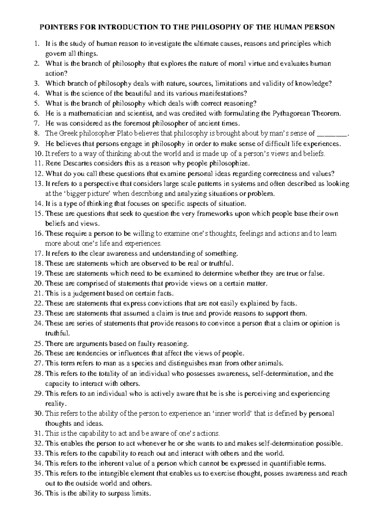 Pointers FOR Introduction TO THE Philosophy OF THE Human Person ...