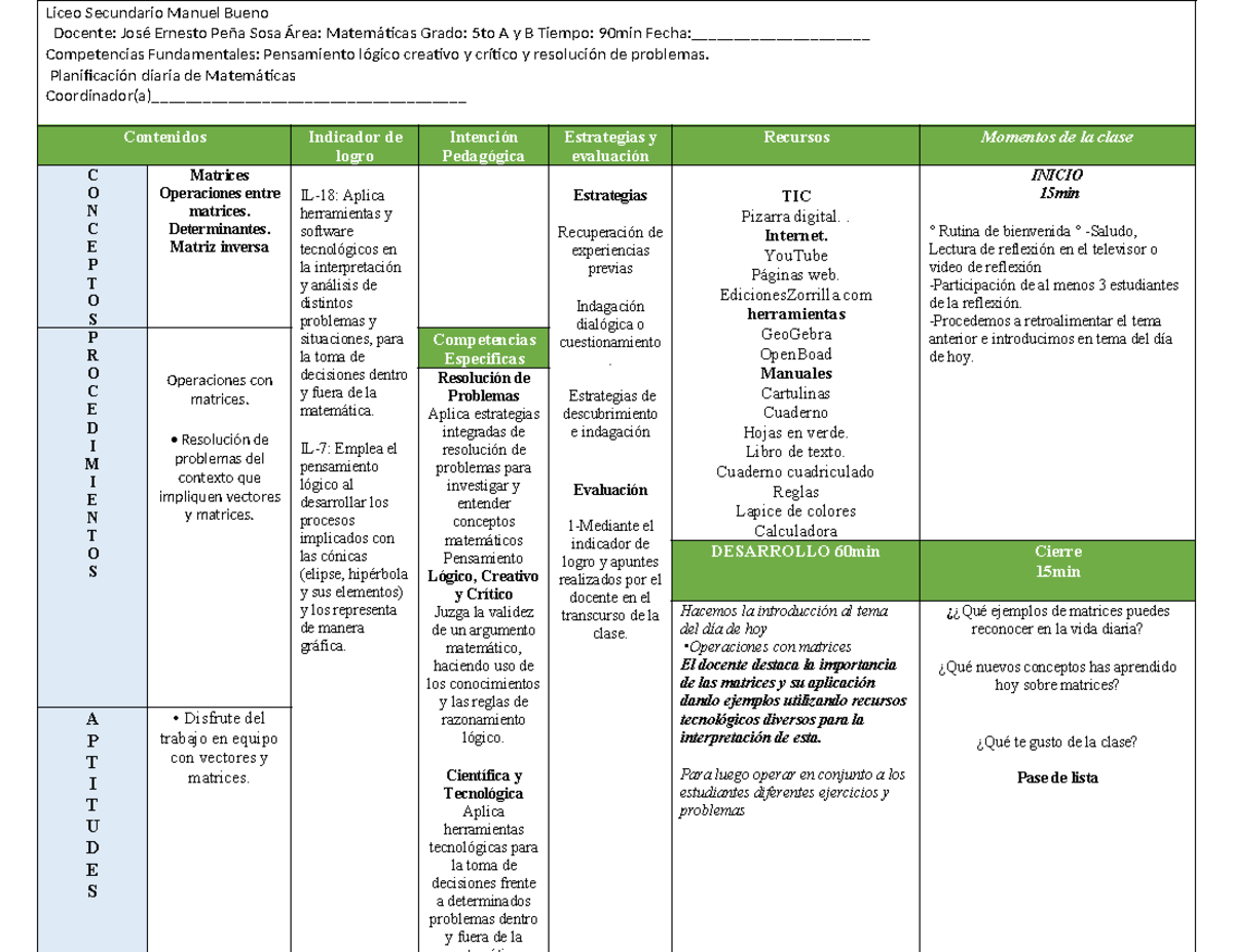 5to Matrices diaria 3era - Liceo Secundario Manuel Bueno Docente: José ...
