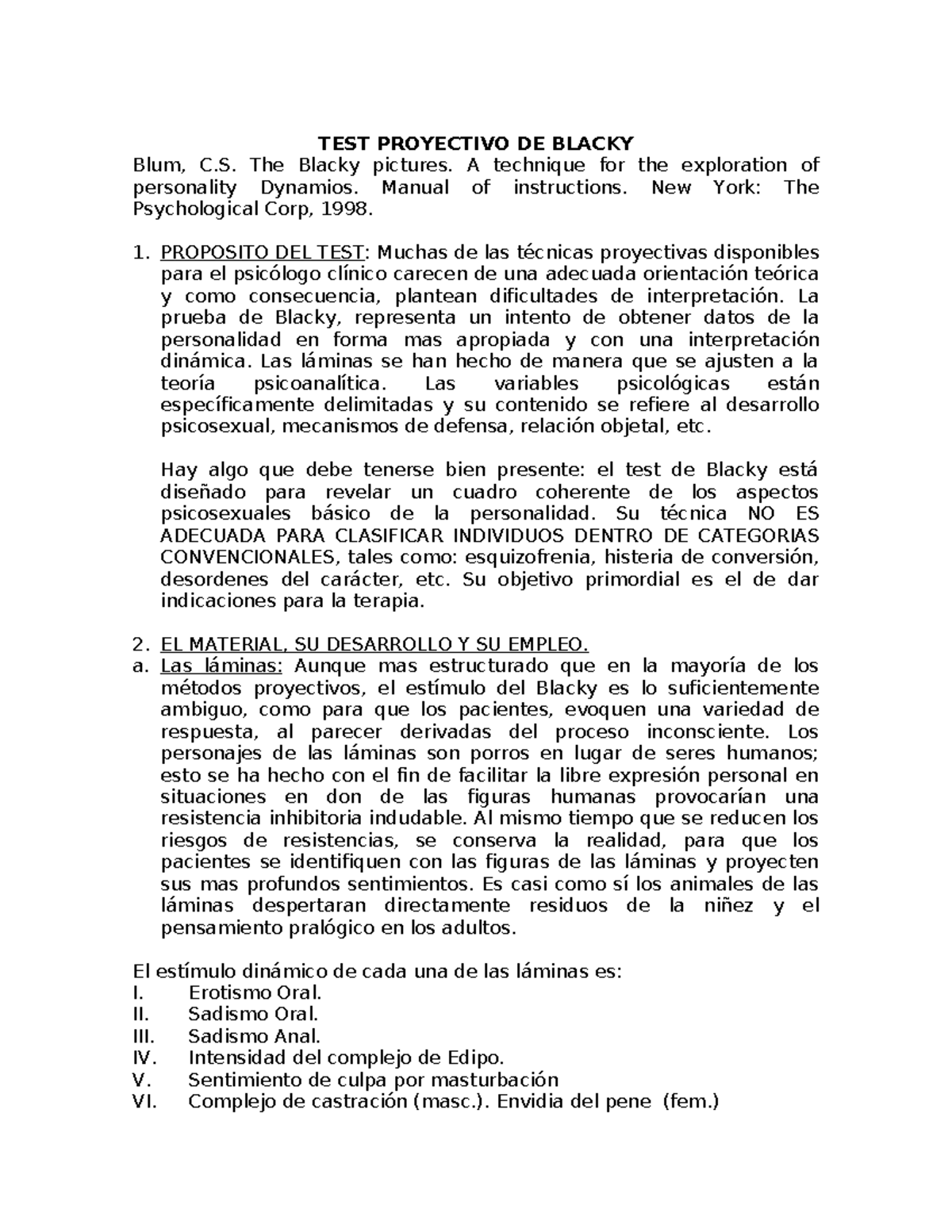 Manual del Test Proyectivo de Blacky: Aplicación e Interpretación - Studocu
