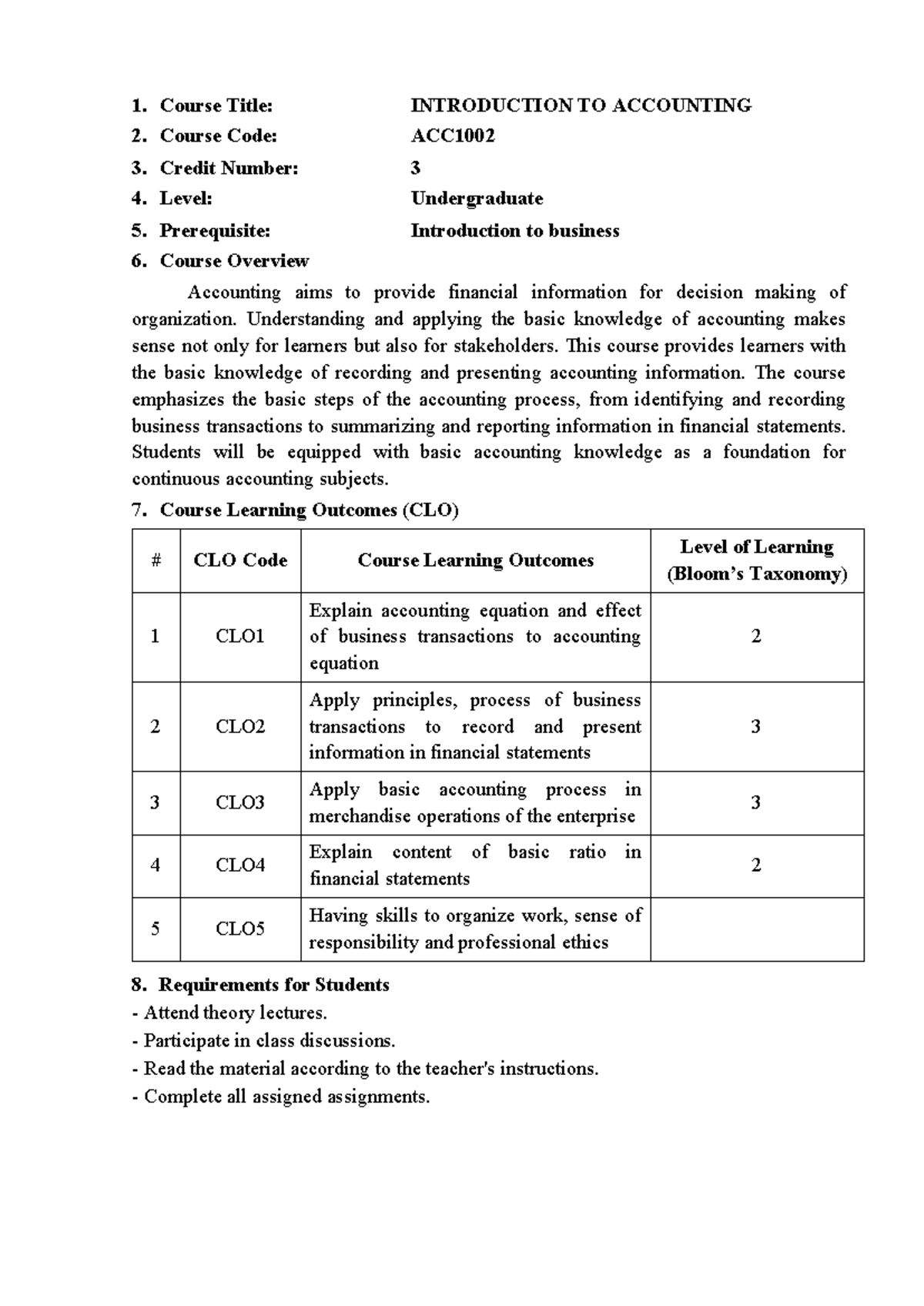ENG ACC1002 Introduction to Accounting Course Overview and Content ...