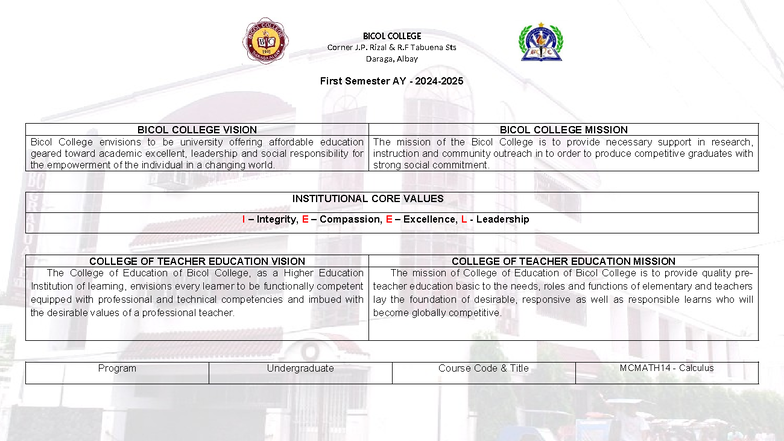 BICOL COLLEGE MCMATH14 Calculus Course Syllabus and Objectives - Studocu
