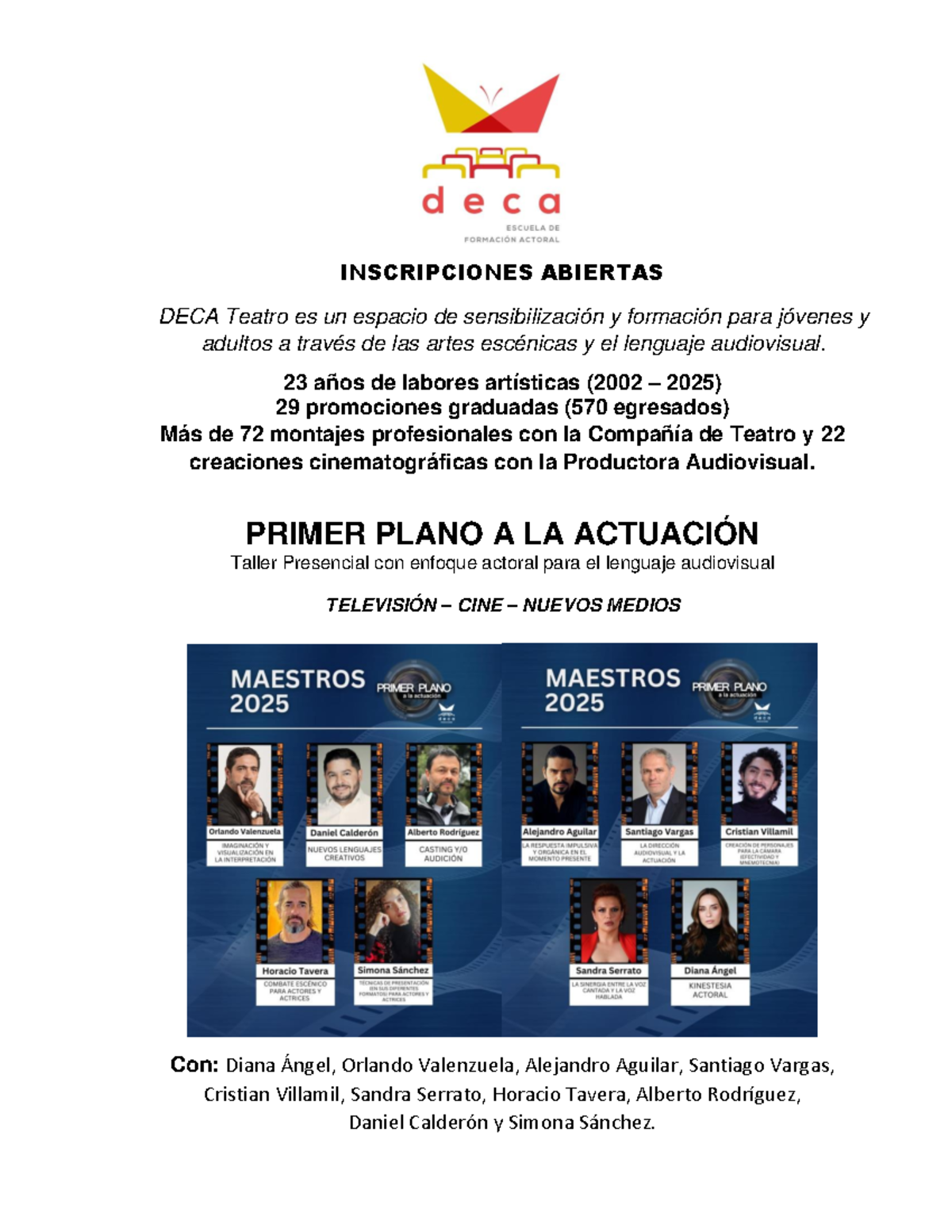 Taller Presencial Primer Plano a la Actuación DECA 2025 - Studocu