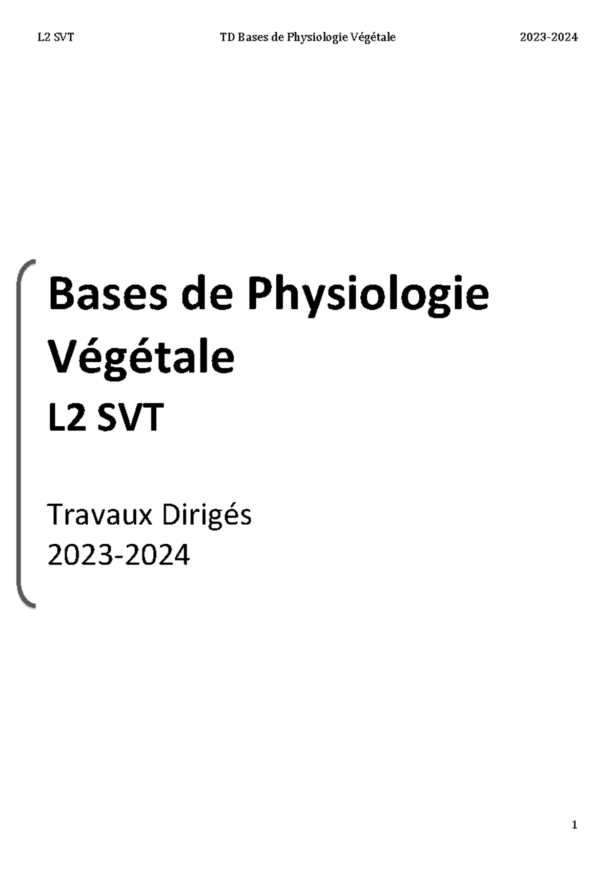 2023-2024 L2-SVT Bases de physiologie végétale Fascicule TD - Bases de ...