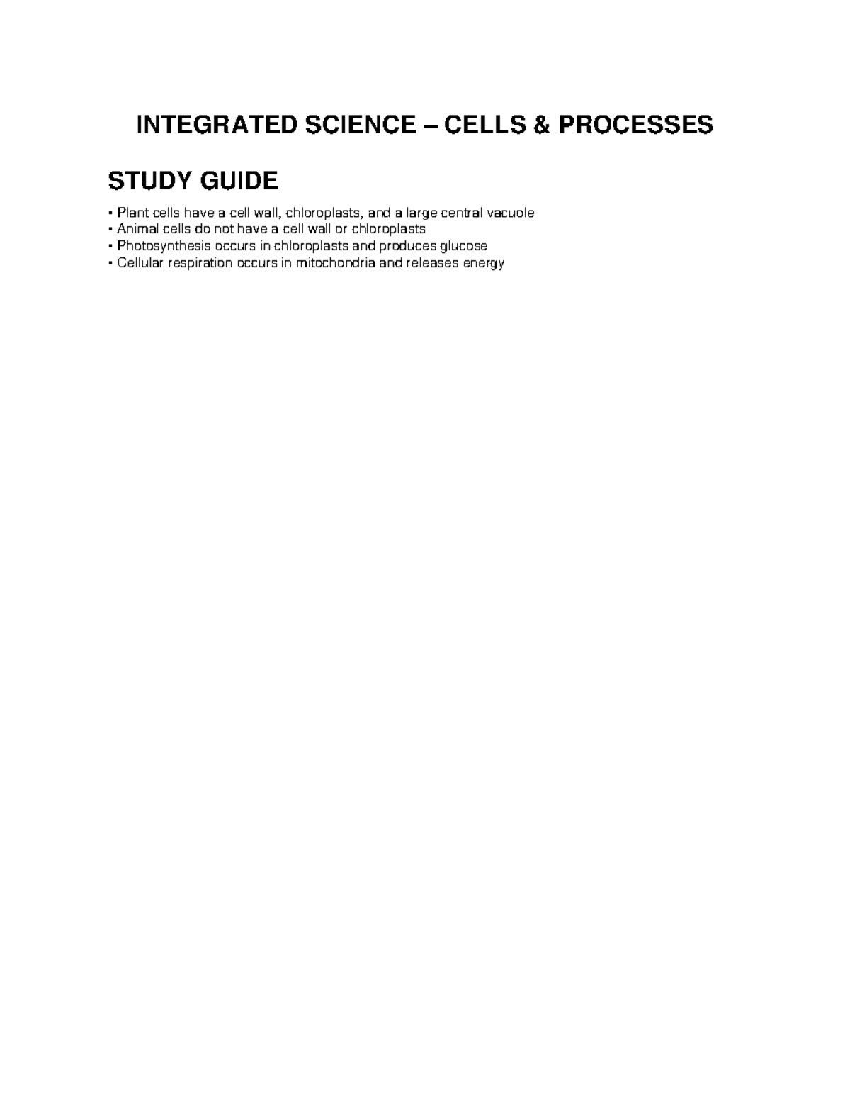Integrated Science Exam Prep: Cells & Processes Study Guide - Studocu