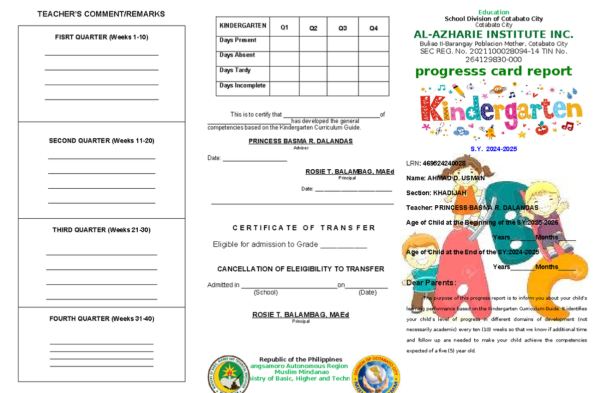 Kindergarten Progress Report: First Quarter Assessment S.Y. 2023-2024 ...