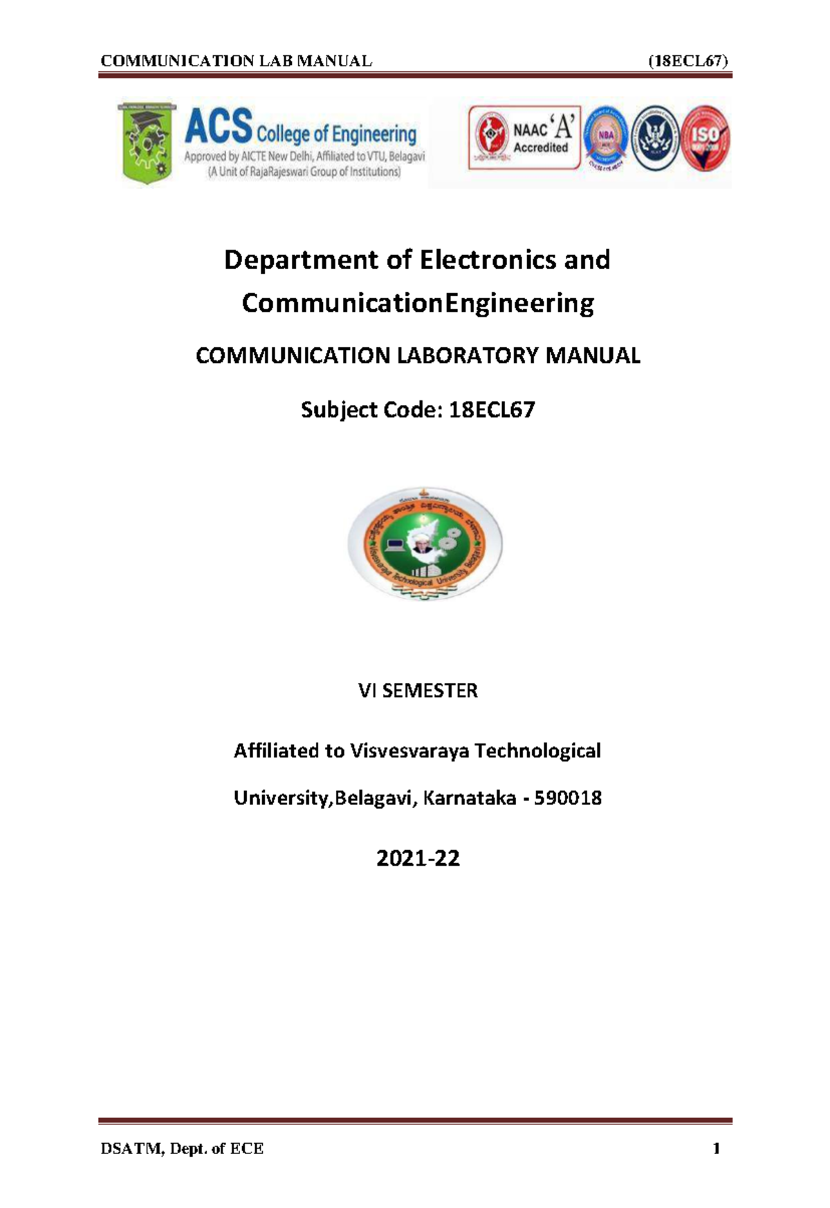 Communication Lab Manual (18ECL67) - Experiments & Procedures - Studocu
