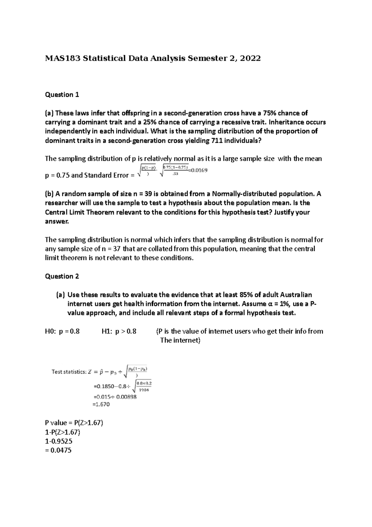 Assignment 3 - MAS183 Statistical Data Analysis Semester 2, 2022 ...