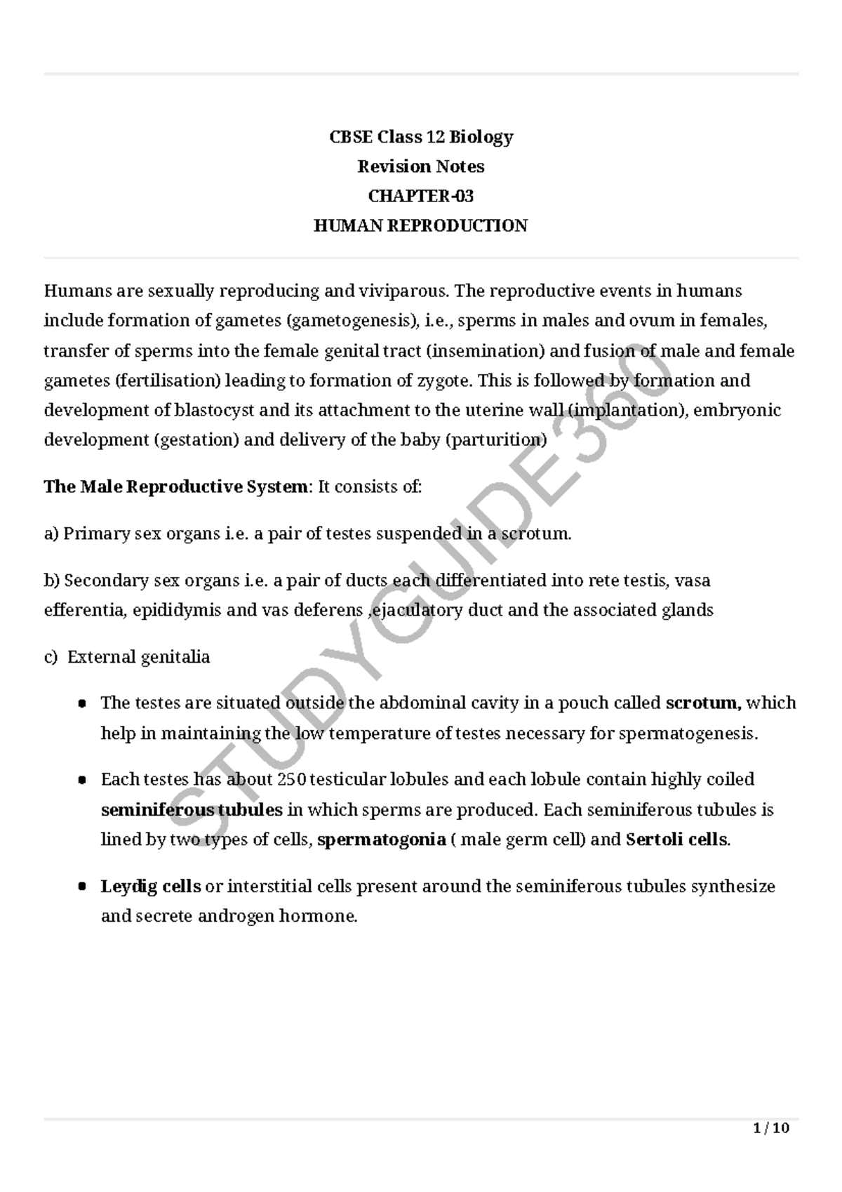 12 Biology Notes CH03: Human Reproductive System Overview - Studocu