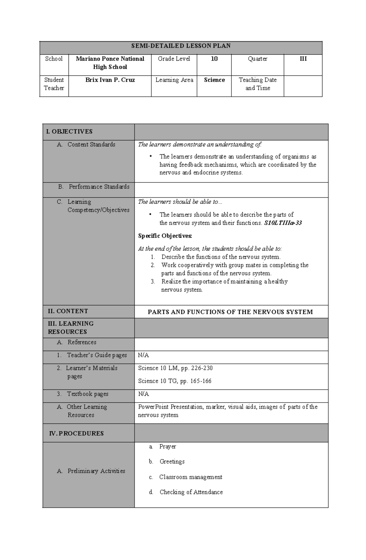 LESSON PLAN: Understanding the Nervous System (Science 10) - Studocu