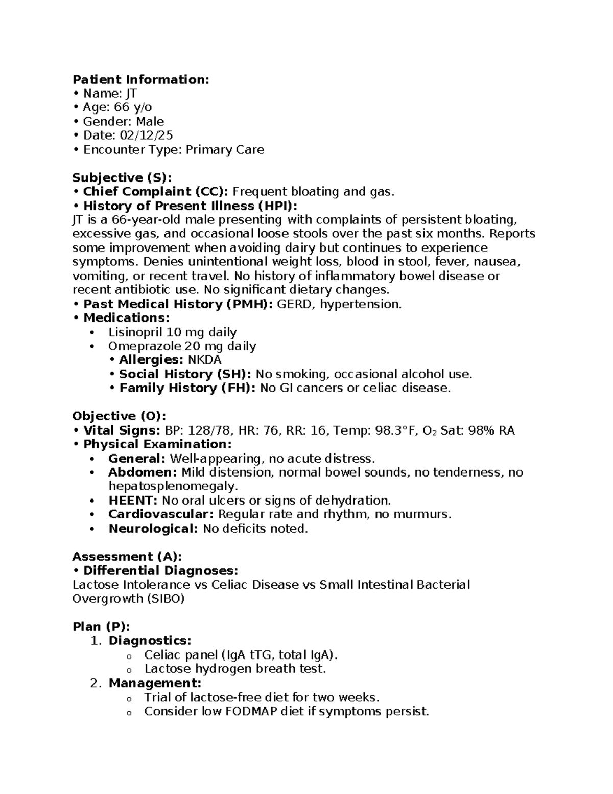 SOAP Note JT - yes - Patient Information: • Name: JT • Age: 66 y/o ...