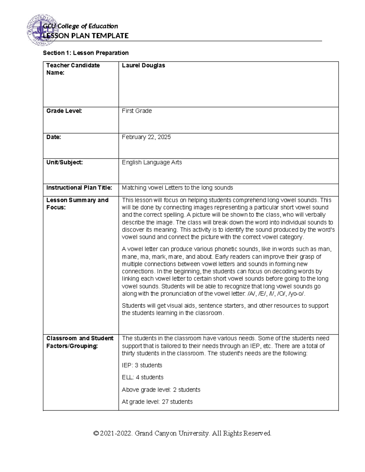 GCU ELM 580 Lesson Plan: Matching Long Vowel Sounds for First Grade ...