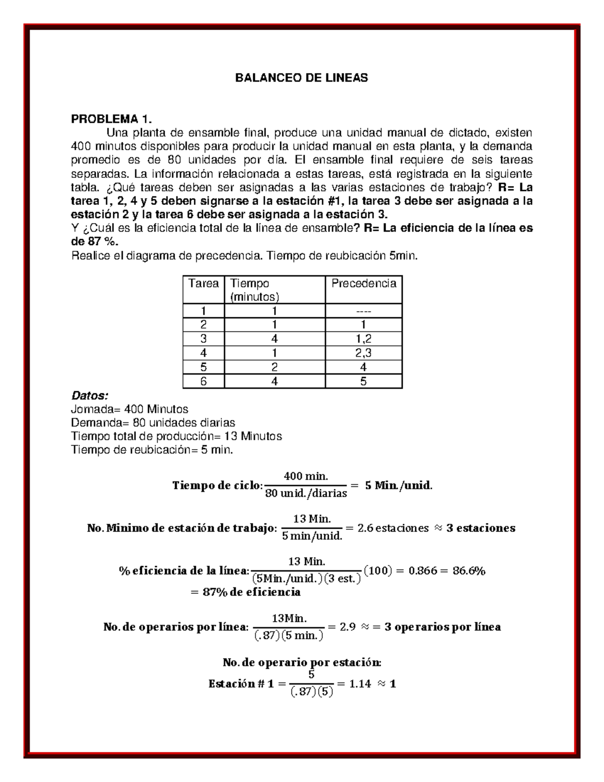 Ejercicios de Balanceo de Líneas - Curso XXXXXX - Studocu