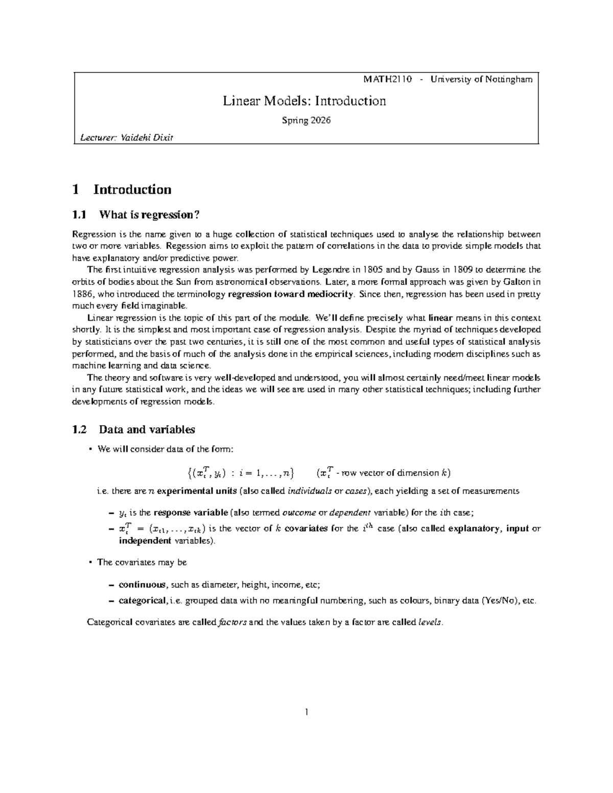 MATH2110 University of Nottingham Linear Models Lecture Notes Spring ...