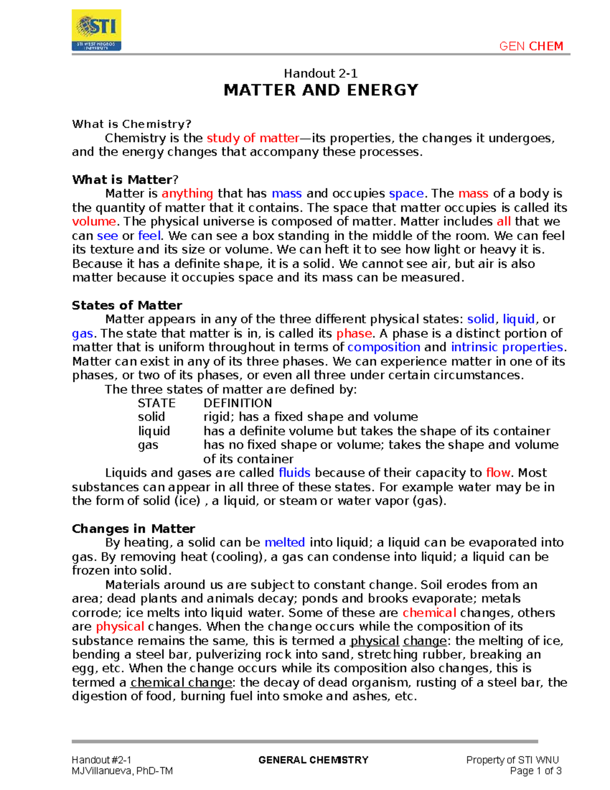 GEN CHEM Handout: Understanding Matter and Energy Changes - Studocu