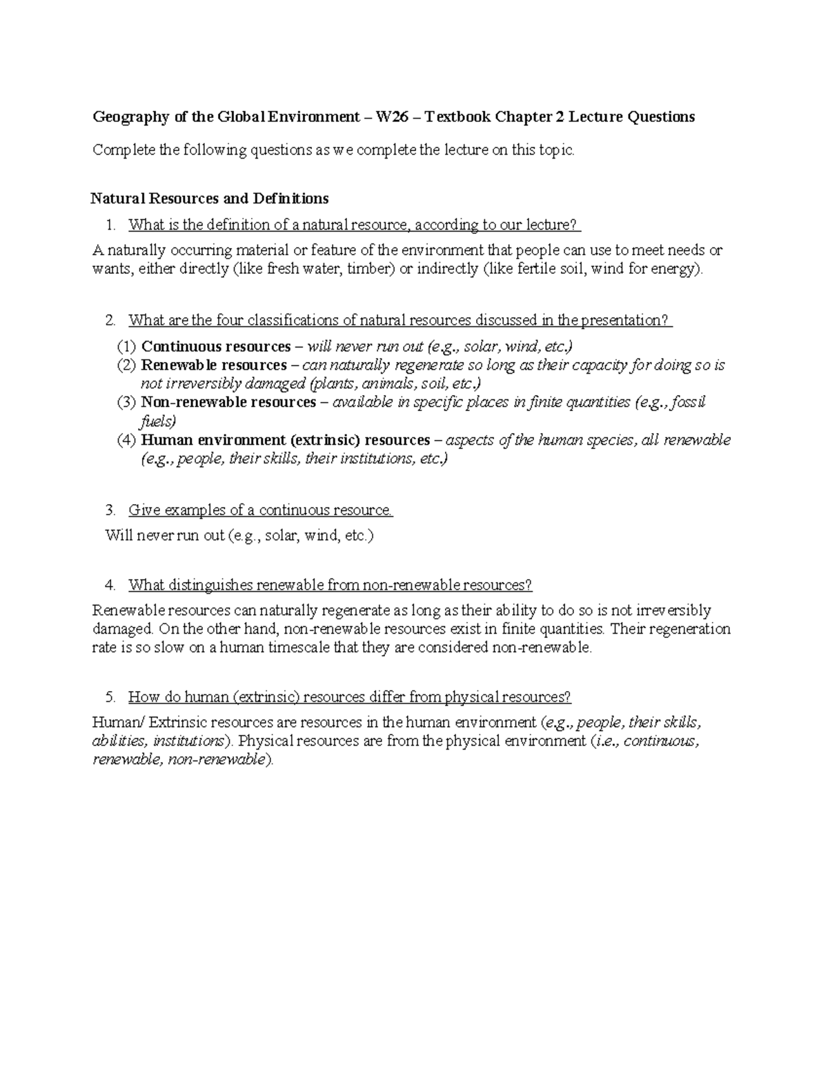 Geog 204 - Chapter 2 Lecture Questions on Natural Resources and Human ...