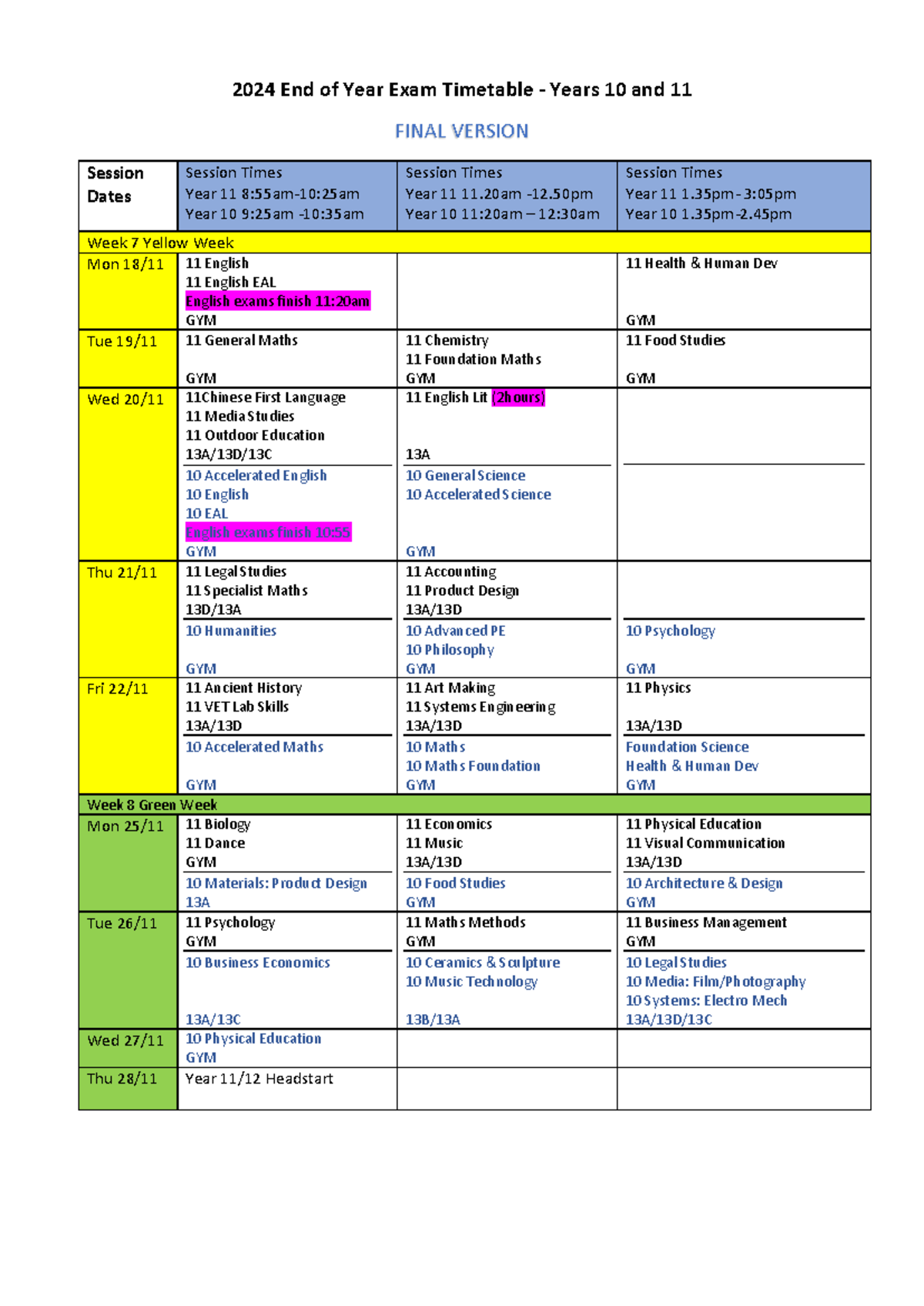 End of Year Exam Timetable Y10 Y11 2024 - 2024 End of Year Exam ...