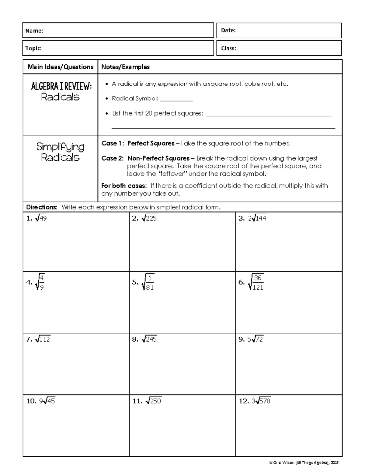 Algebra I: Solving Quadratics by Square Roots - Review Notes - Studocu