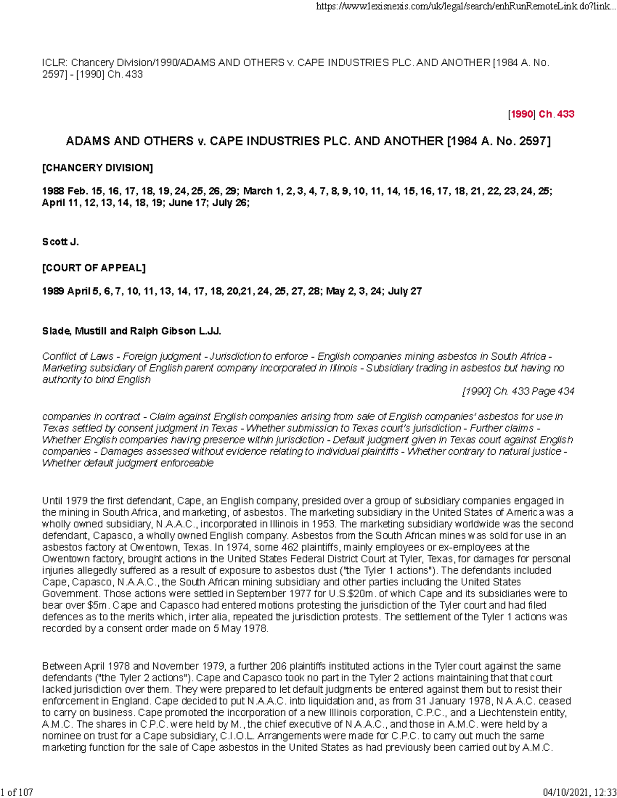 Adams v Cape Industries Plc: Chancery Case Analysis [1990] Ch. 433 ...