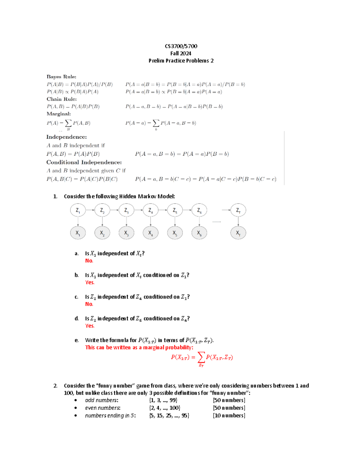 Prelim 2 practice - CS3700/ Fall 2024 Prelim Practice Problems 2 Consider the following Hidden ...