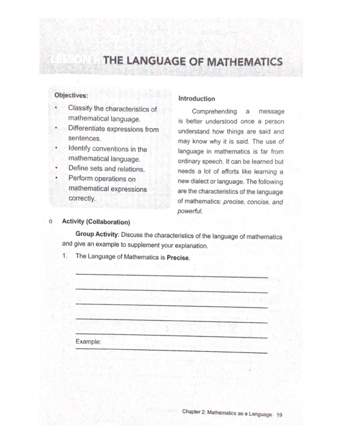 Language of math - none - THE LANGUAGE OF MATHEMATICS Objectives: Introduction Classify the ...