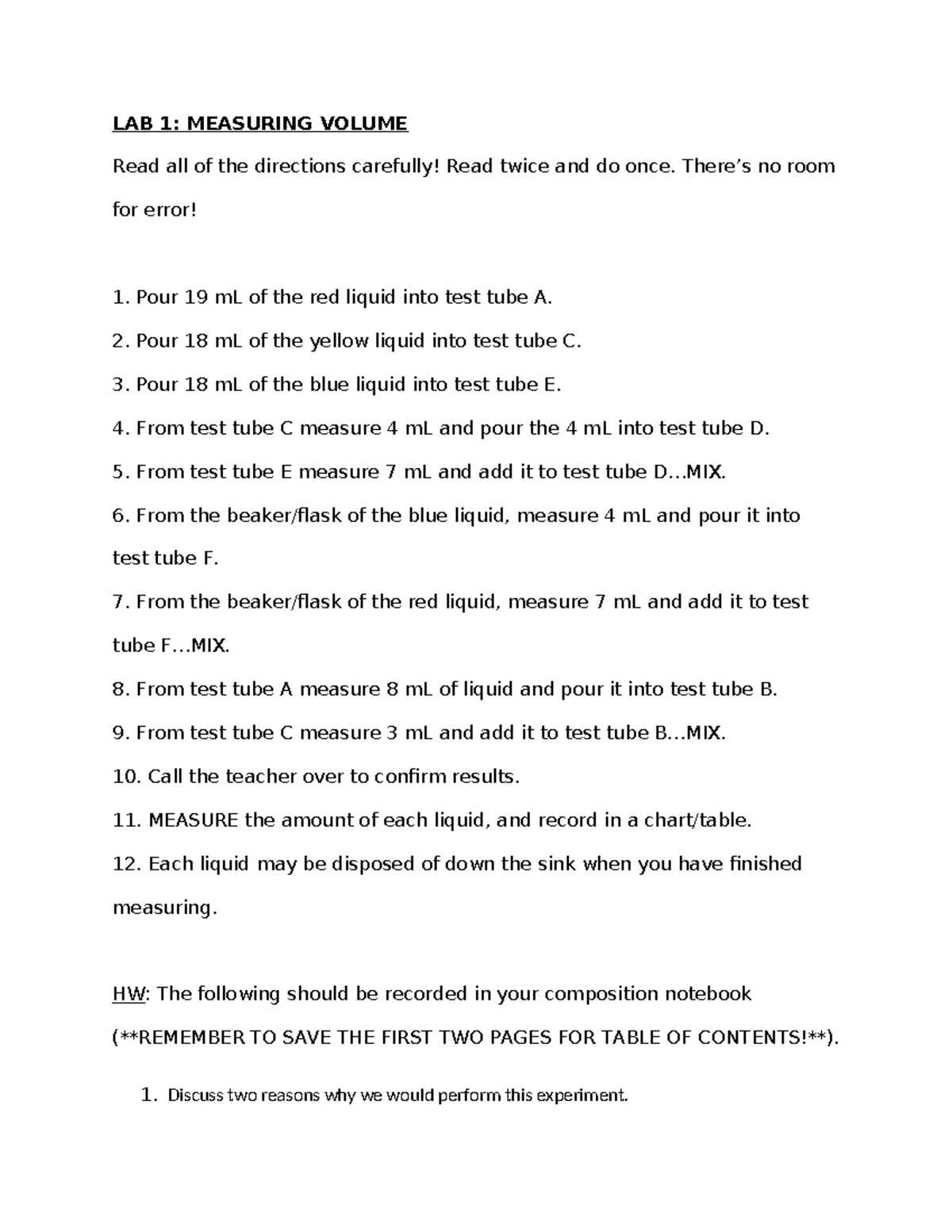Lab 1 Measuring Volume - LAB 1: MEASURING VOLUME Read all of the ...