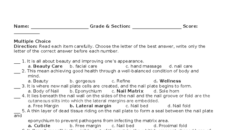 Formative Assessment - Lesson 1: Beauty & Wellness MCQs - Studocu