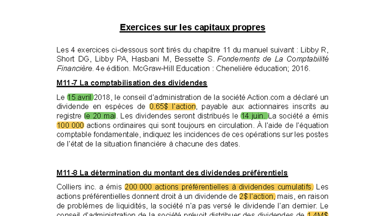 Exercices sur les capitaux propres - Chapitre 11 (Finances) - Studocu