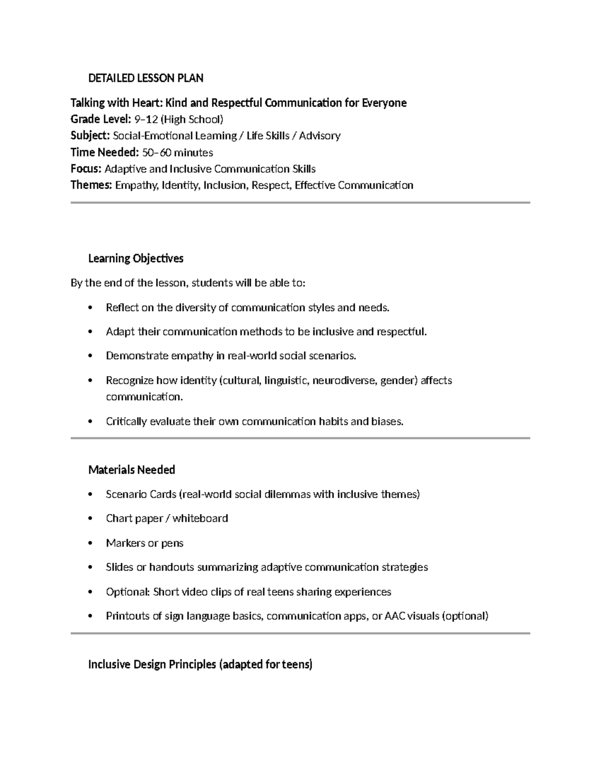 DETAILED LESSON PLAN: Kind & Respectful Communication Skills for HS - Studocu