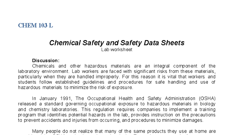 CHEM 103 L Lab: Chemical Safety & SDS Overview Assignment - Studocu