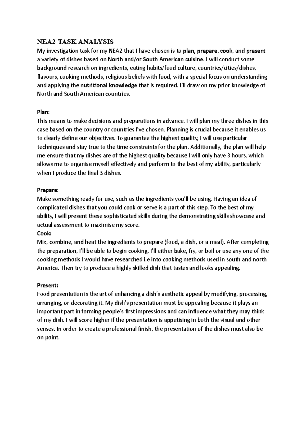 NEA2 Task Analysis: Planning and Preparing American Dishes - Studocu