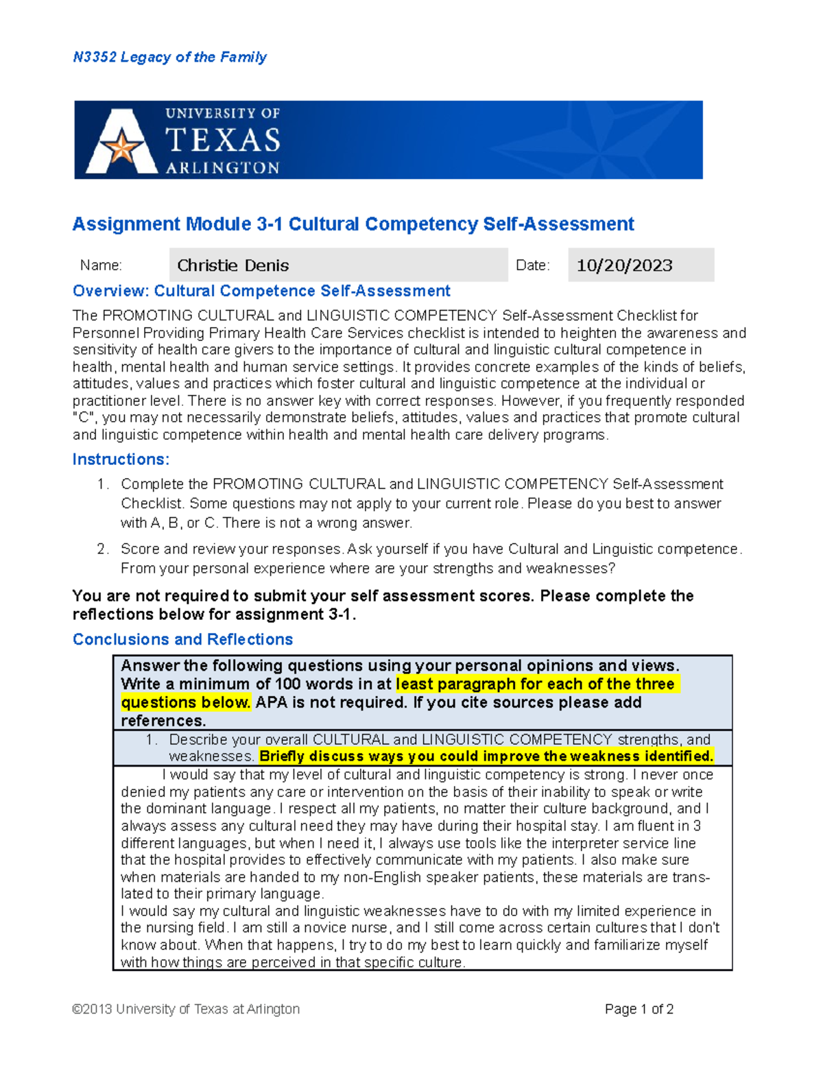 N3352 Assignment Module 3-1 Cultural Compentency Self-Assessment HW ...