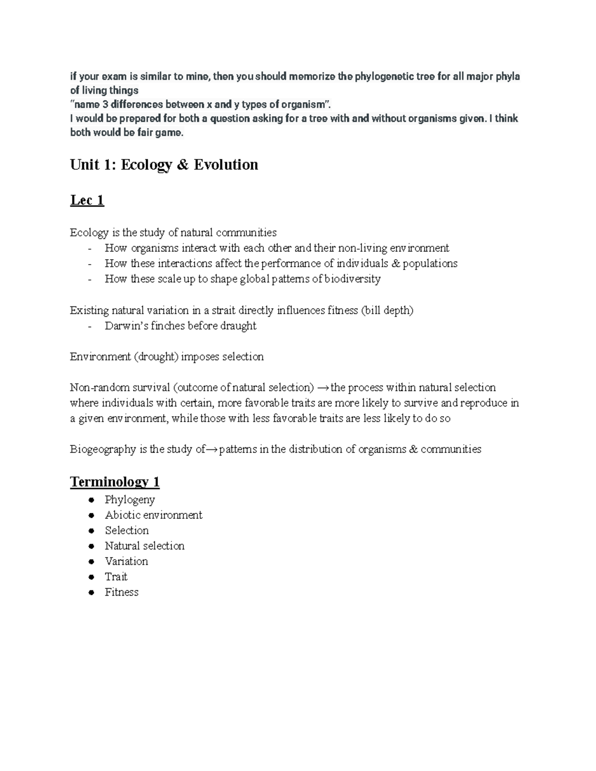 Biologie 101: Lecture Notes on Ecology & Evolution Concepts - Studocu