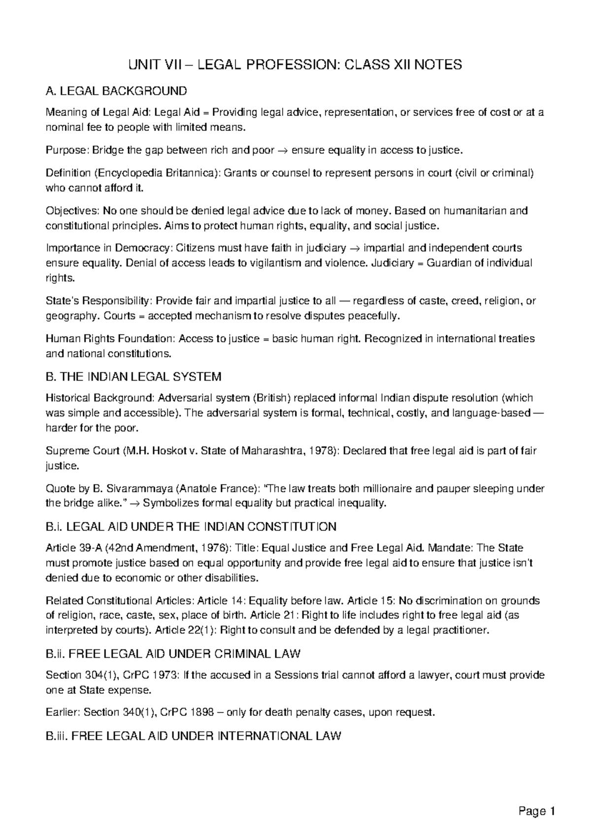 Unit VII: Legal Profession - Class XII Notes on Legal Aid & Indian ...
