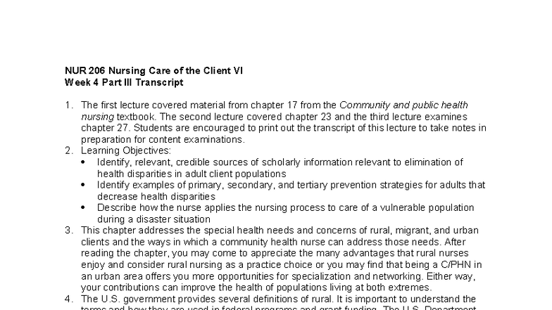 NUR 206 Nursing Care of the Client VI Week 4 Lecture Transcript - Studocu