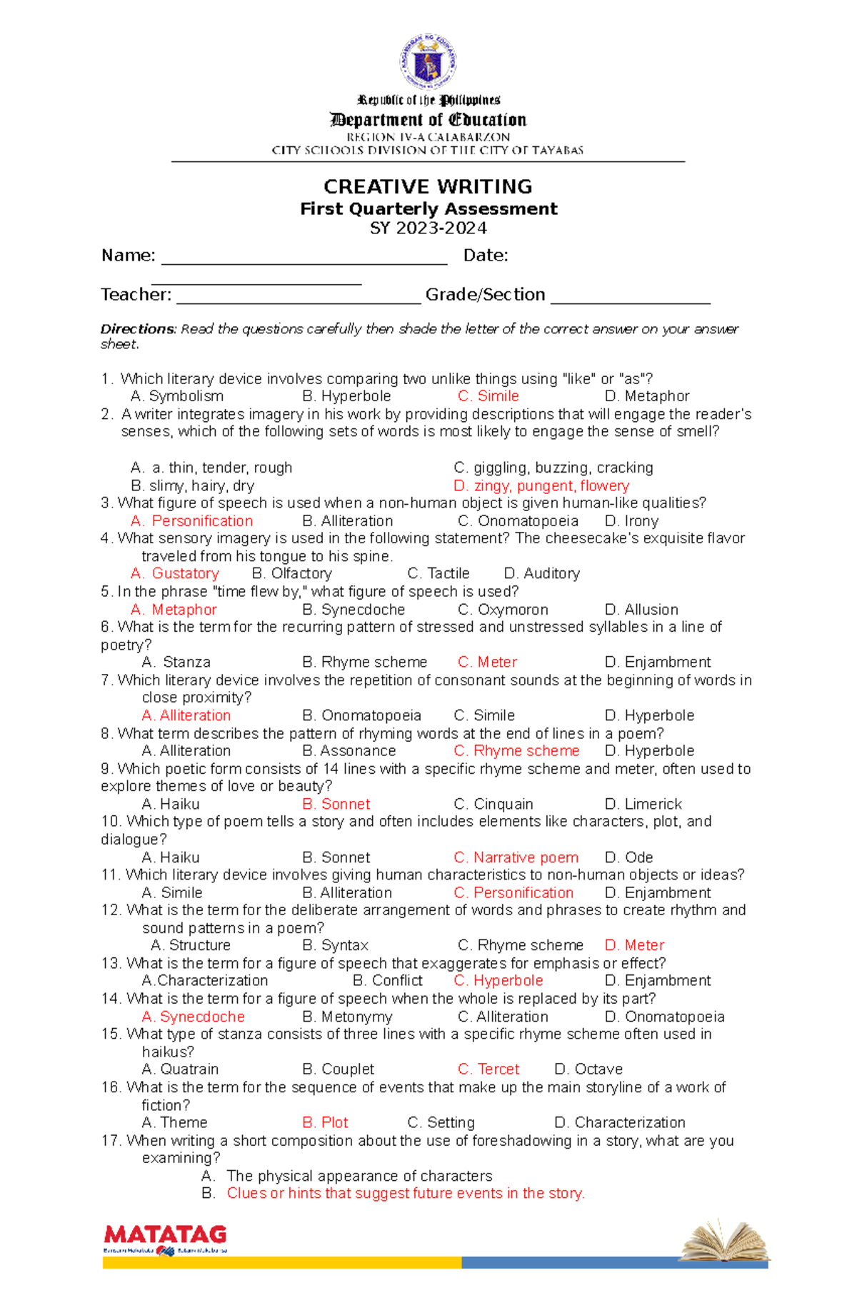 CW-1ST- Creative Writing Quarterly Exam Key 2023 - Studocu
